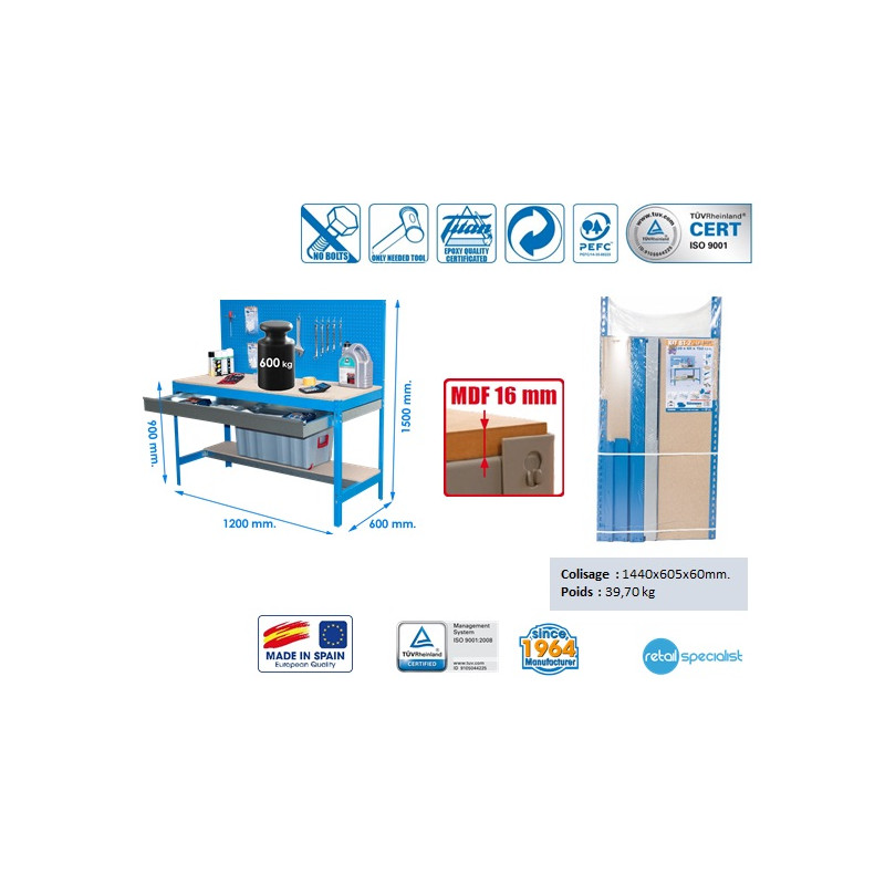 Simon Rack - Kit Etabli BT-2 Box 1200 bleu avec tiroir 1200x600mm SimonRack