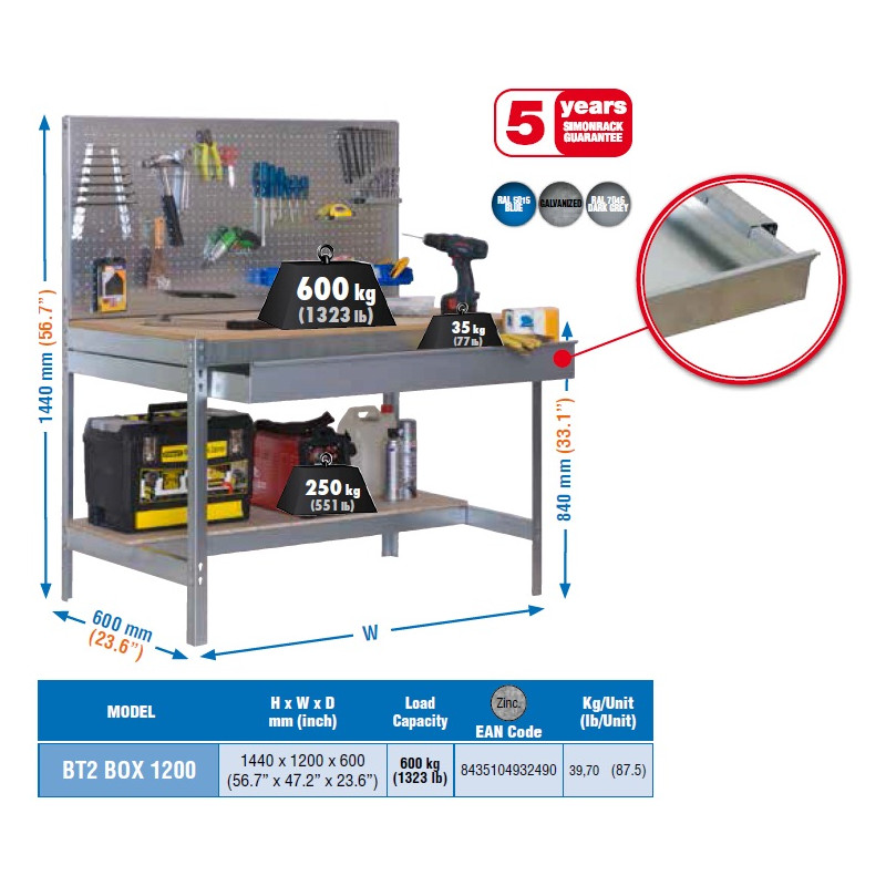 Simon Rack - Kit Etabli BT-2 Box 1200 bleu avec tiroir 1200x600mm SimonRack