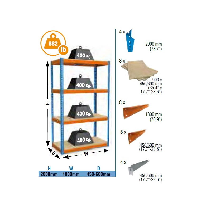 Simon Rack - Etagère rangement 2000x1800x600mm bleu/orange/bois charge 400 Kg Ecofo