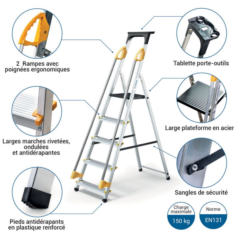 Escabeau 5 marches DURAMP rampes de sécurité et porte-outils Hostrom