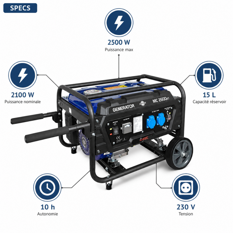 Mecafer - Groupe Electrogene Essence 2500W AVR Reservoir de 15 L 96 dB ...