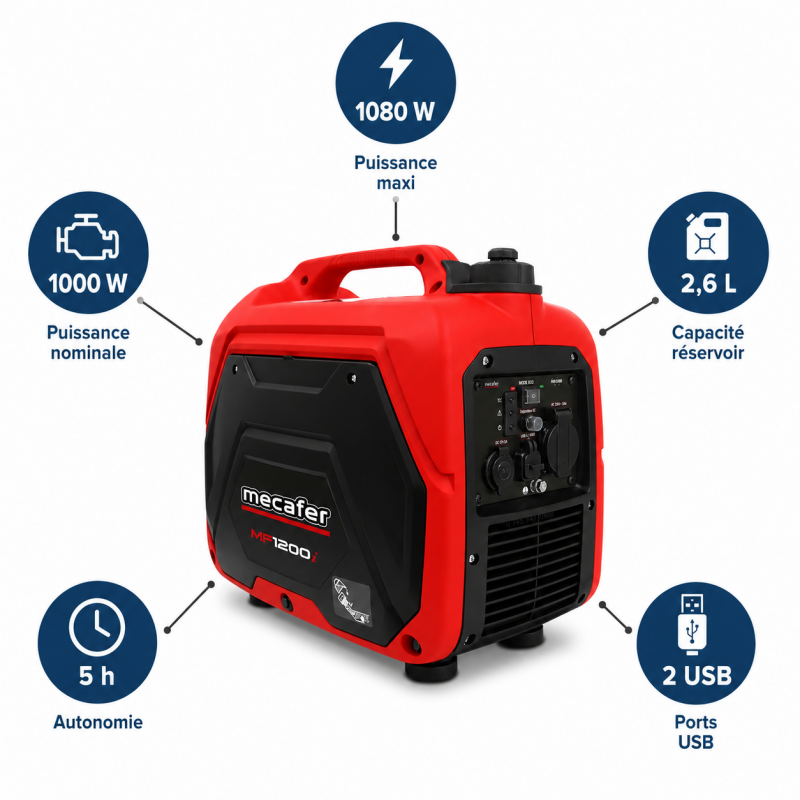 Mecafer - Groupe Electrogene Inverter Portable 1080W Silencieux 93 dB ...